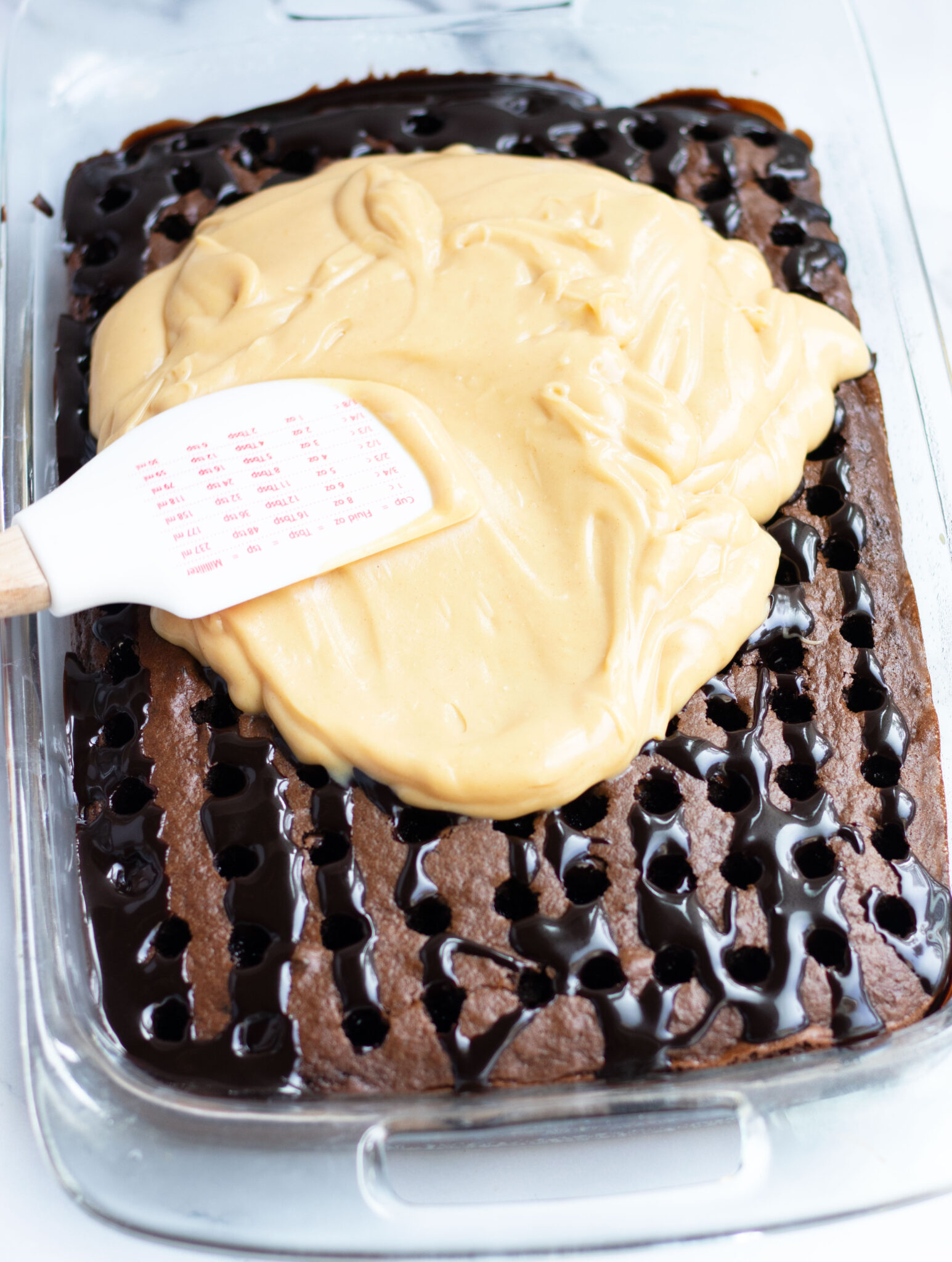 Chocolate Peanut Butter Poke Cake | 3 Yummy Tummies